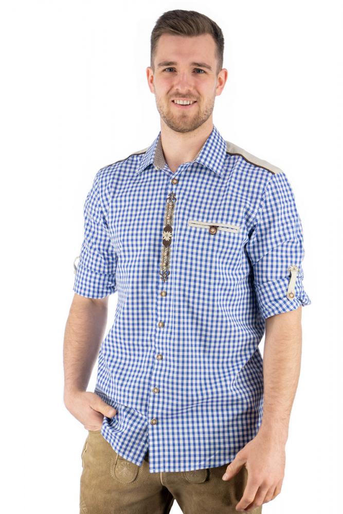 420032-2602/42 OS Blue / White checkered Men Trachten Shirt with Edelw ...