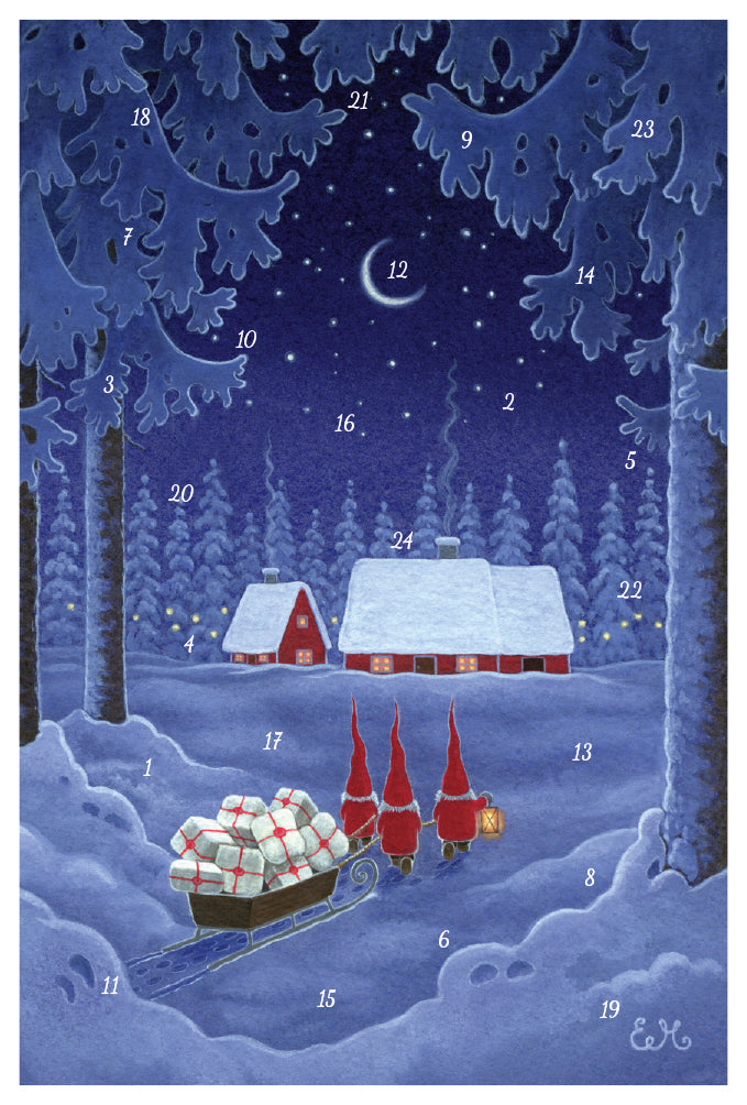 22227 -12483 Advents Calendar Card "God Ju Il" Tomte reaching Lodge ...
