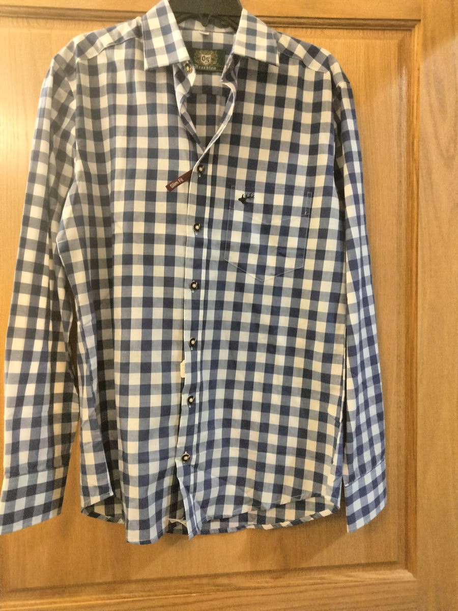 41475- OS Blue and white checkered slim fit Men Trachten Shirt with em ...