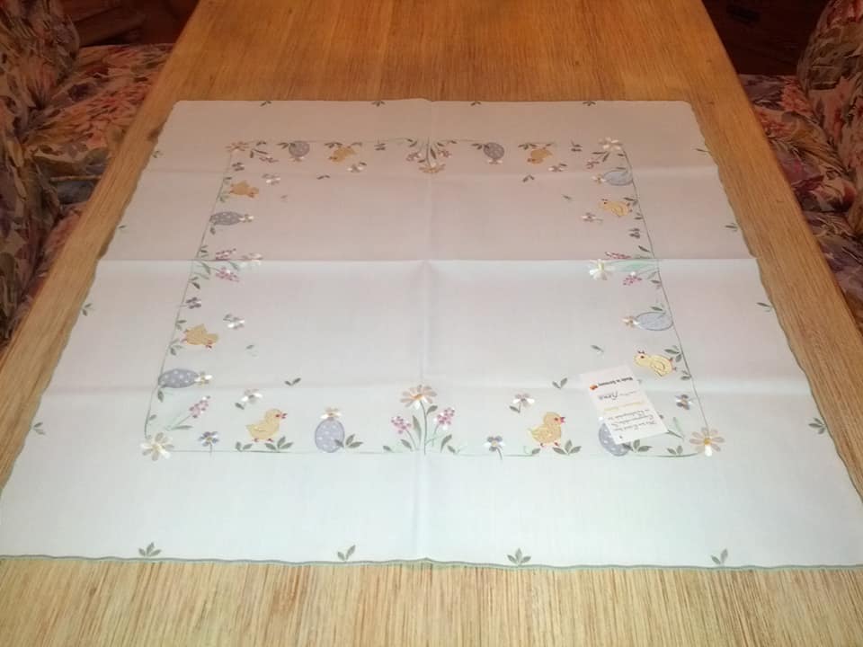 Embroidered Easter Square Table linen with Pastel Chickens , Flowers a ...