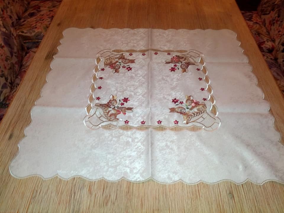 Embroidered Bunnies in Basket Square Easter Table linen with cutouts ...