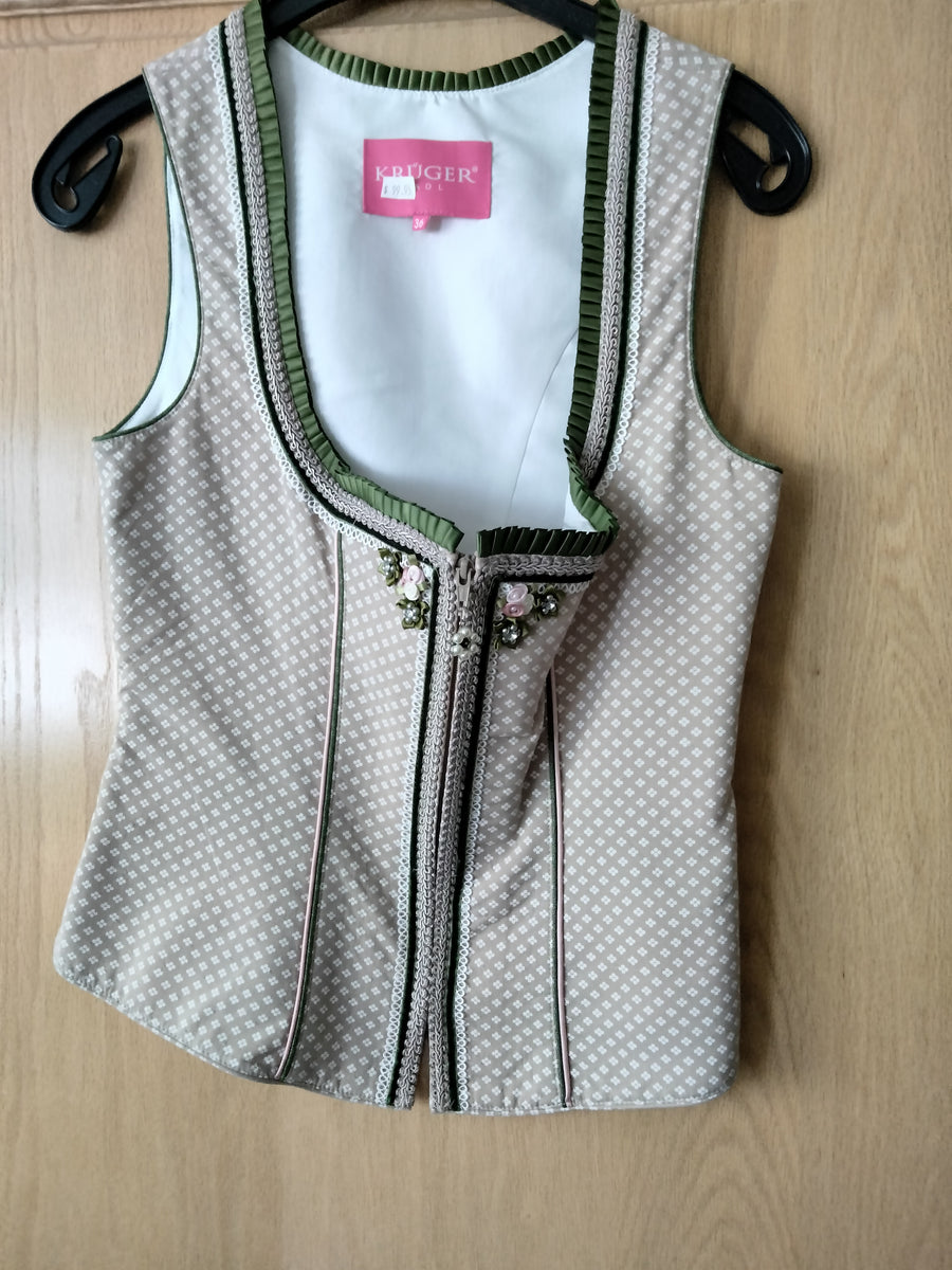 400721 TRADITIONAL BODICE BY KRÜGER DIRNDL Beige with green trim and z ...