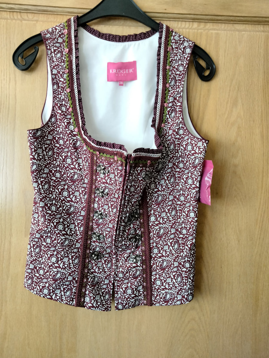 37500 TRADITIONAL Mieder Dark Red/ White flower pattern with trim desi ...