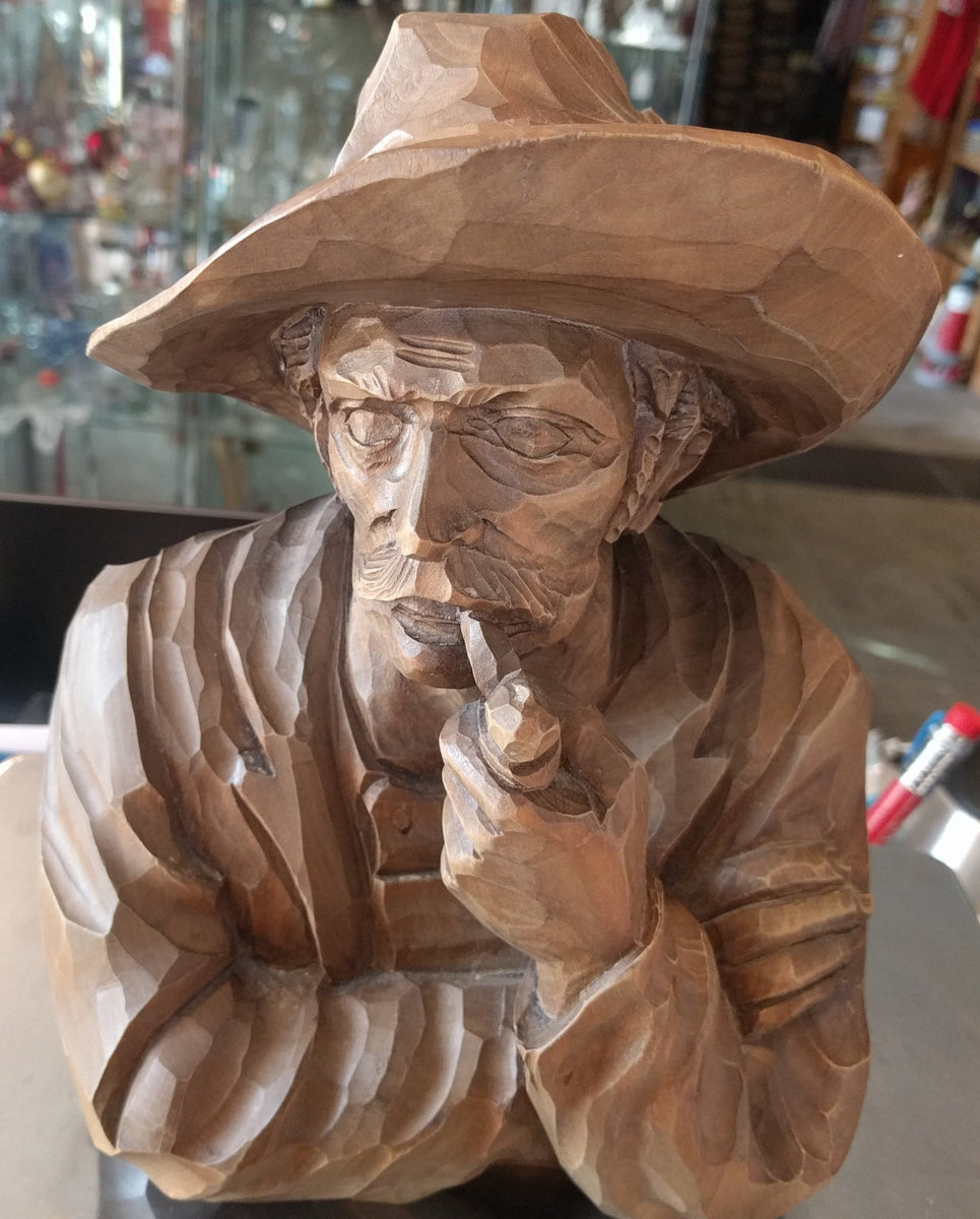 Hand Carved Wooden Bust Alpine Man with Hat and Pipe – German Specialty ...