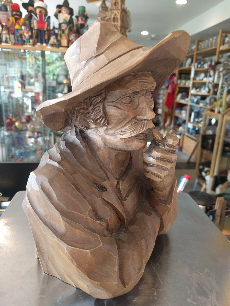 Hand Carved Wooden Bust Alpine Man with Hat and Pipe – German Specialty ...