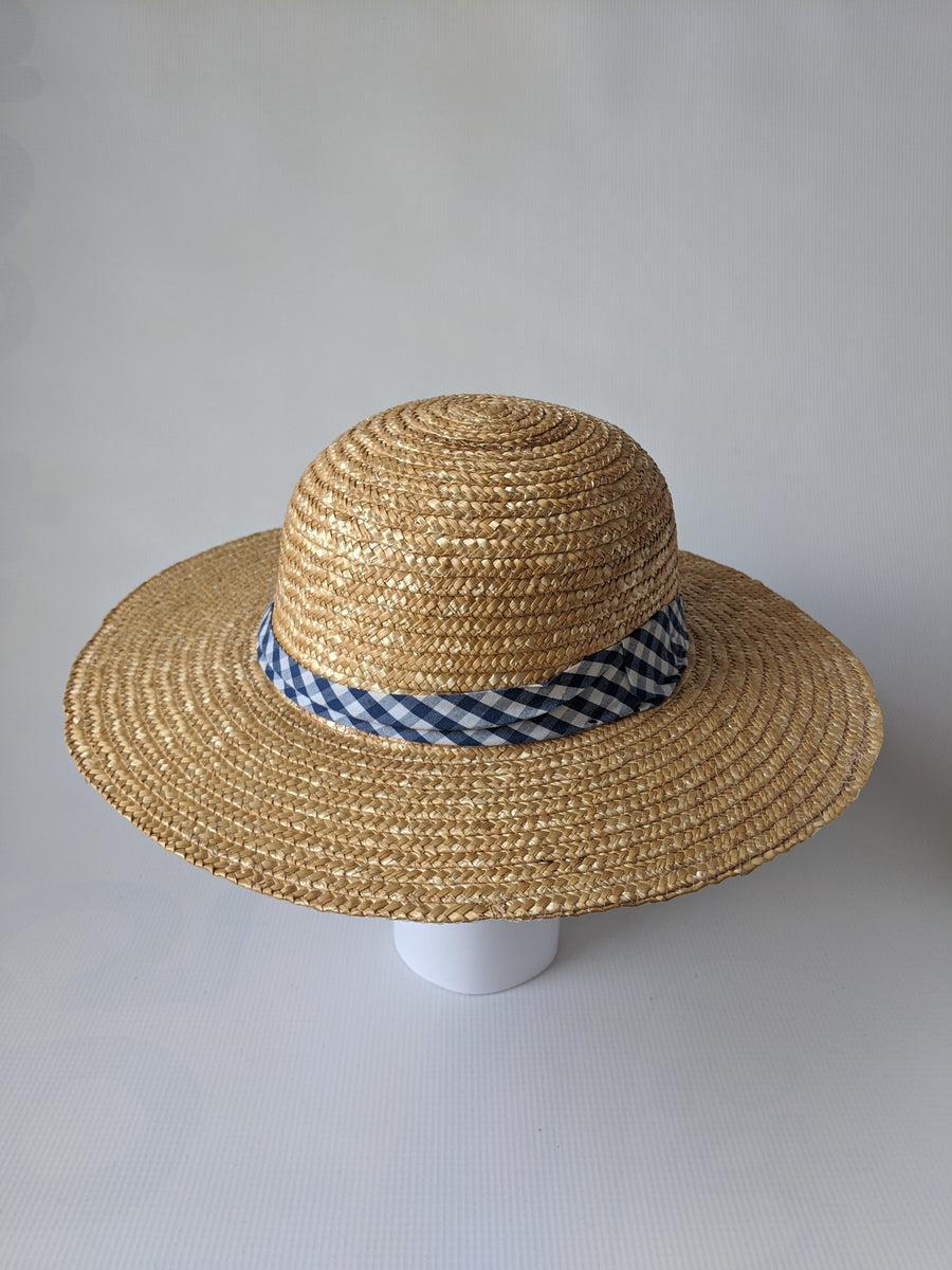 Wide Rim Braided Straw Hat With Bavarian Blue/White Checkered Band ...