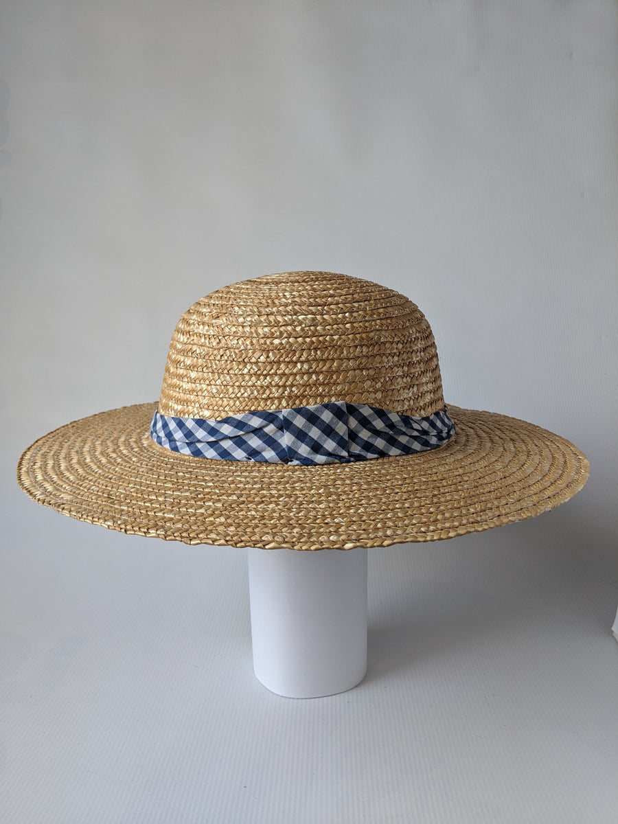 Wide Rim Braided Straw Hat With Bavarian Blue/White Checkered Band ...